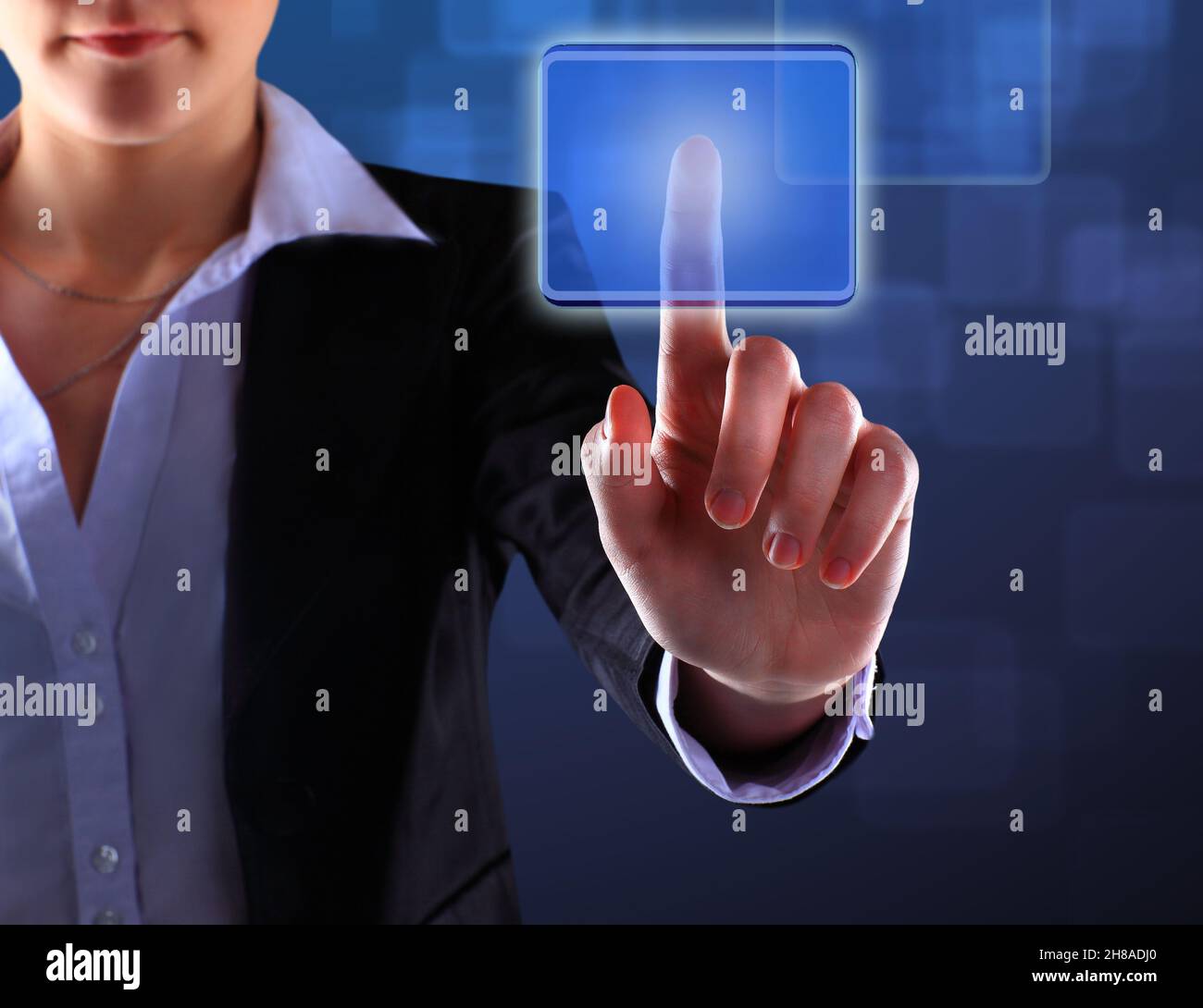 hand of business women pushing a button on a touch screen interface ...