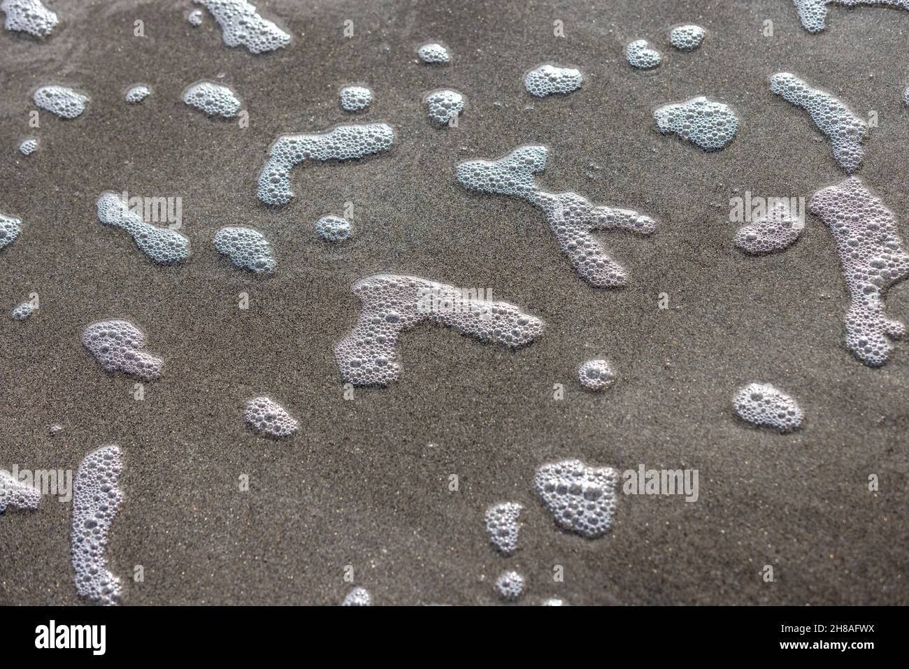 Abstract shapes of sea foam floating over a dark sandy beach Stock ...