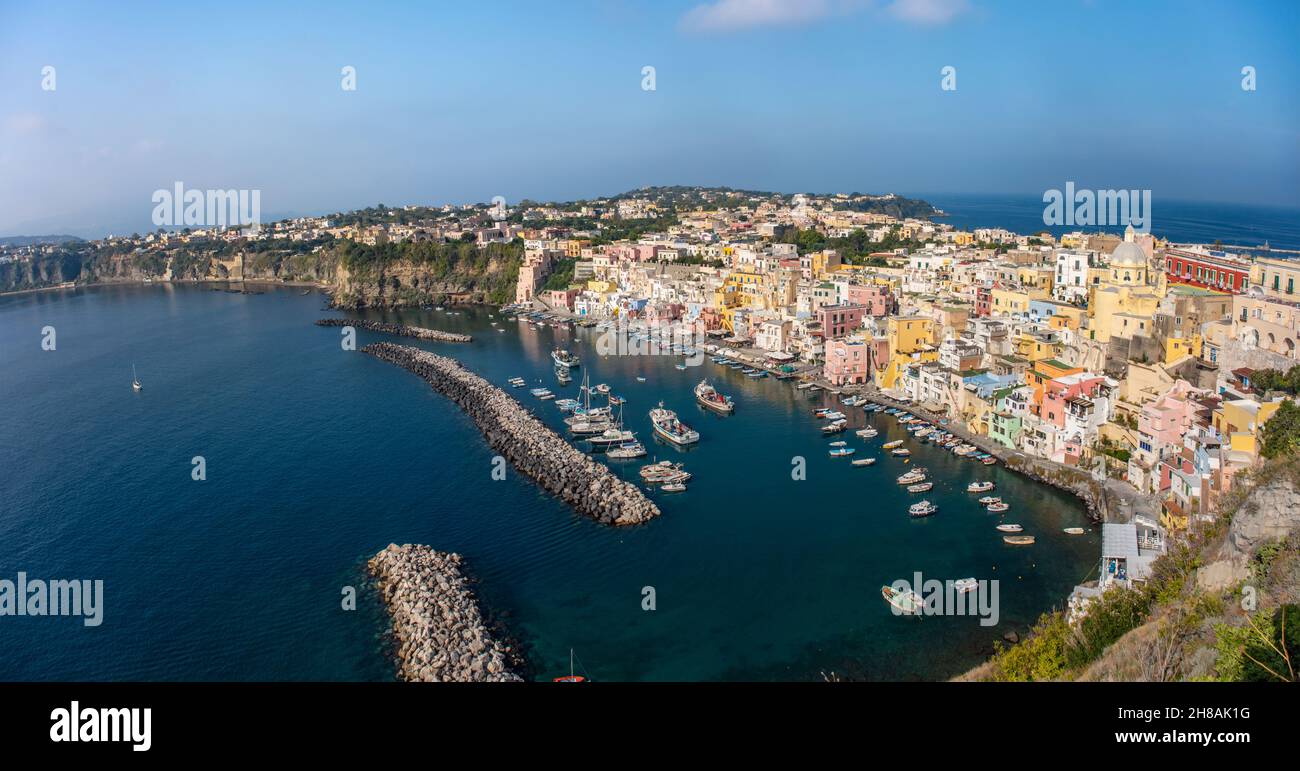 Aerial drone view of Italian island Procida. Marina Corricella and fort ...