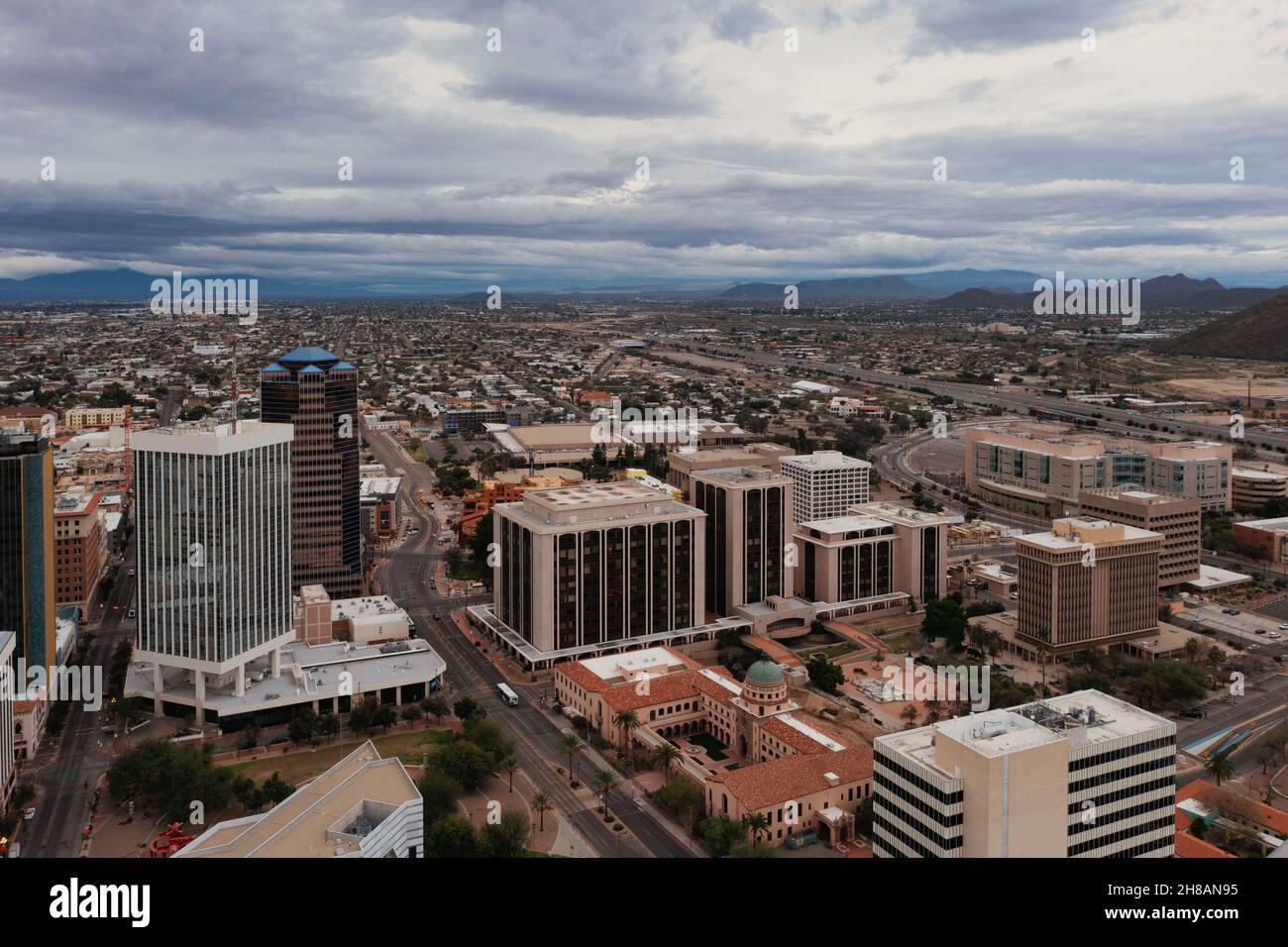 Tucson Arizona cityscape with aerial view of high-rises and courthouse ...
