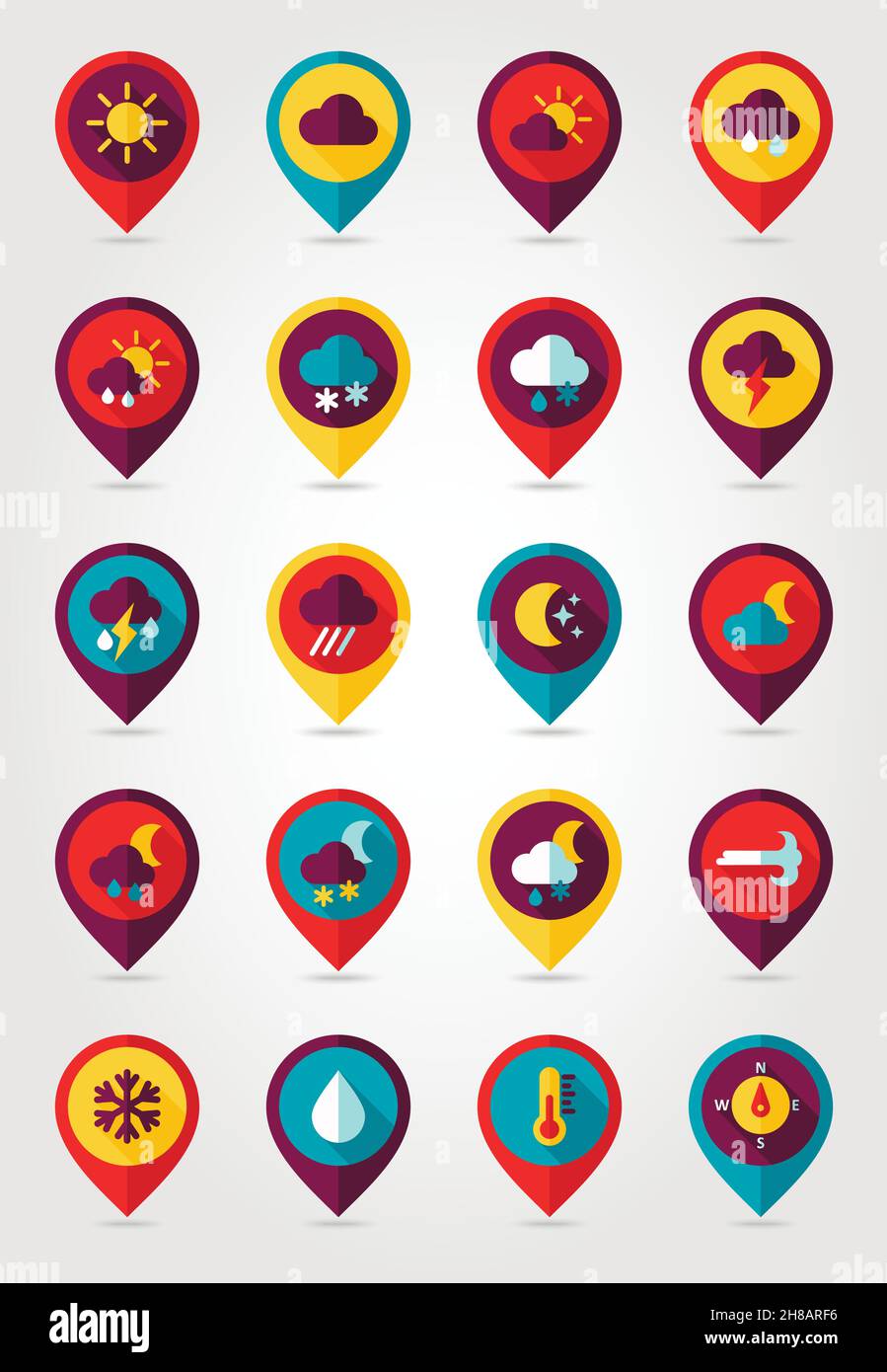 Meteorology Weather flat pin map icons set. Map pointer. Map markers ...
