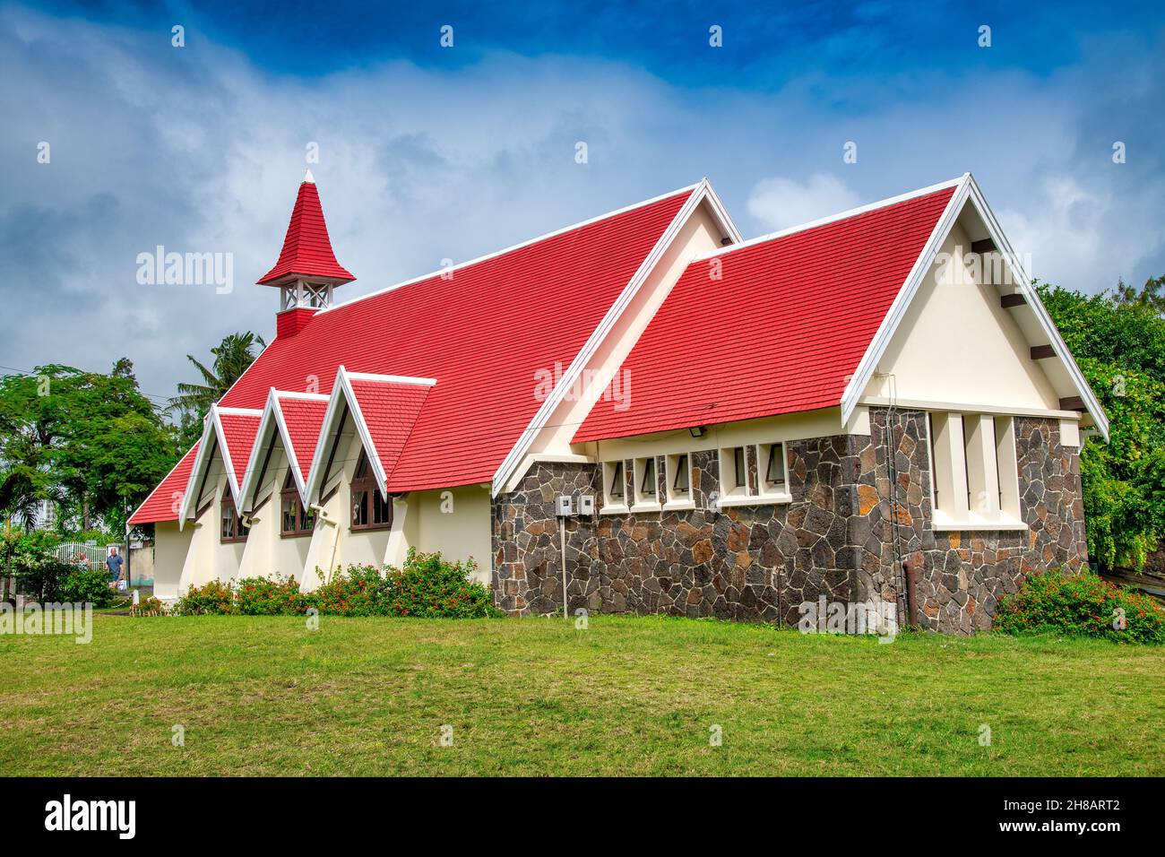 Mauritius island famous landmark - Red church on the beach. Cap ...