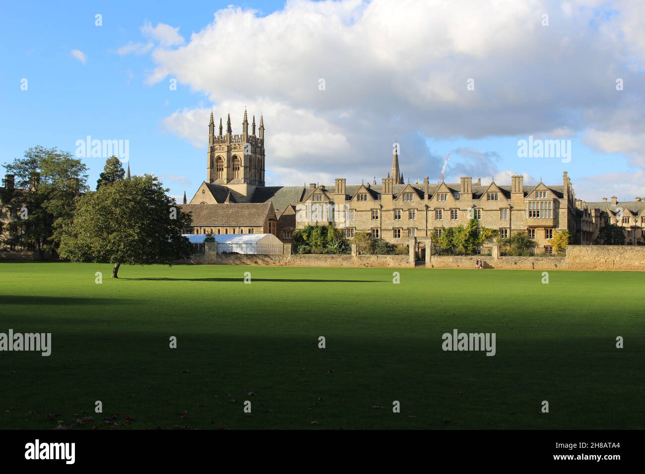 Merton Field and Merton college with a long shadow on the grass. Blue ...