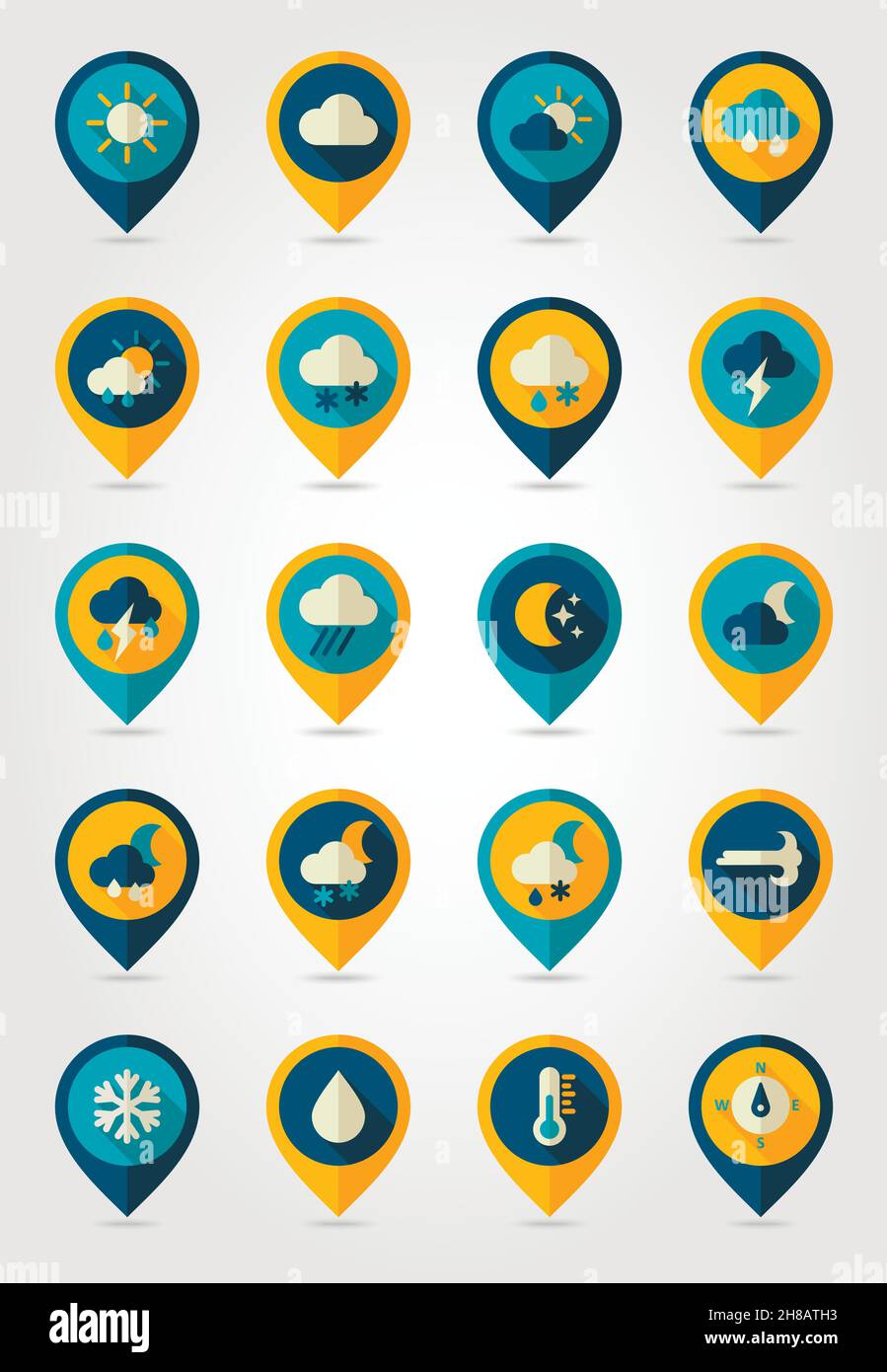 Meteorology Weather flat pin map icons set. Map pointer. Map markers ...