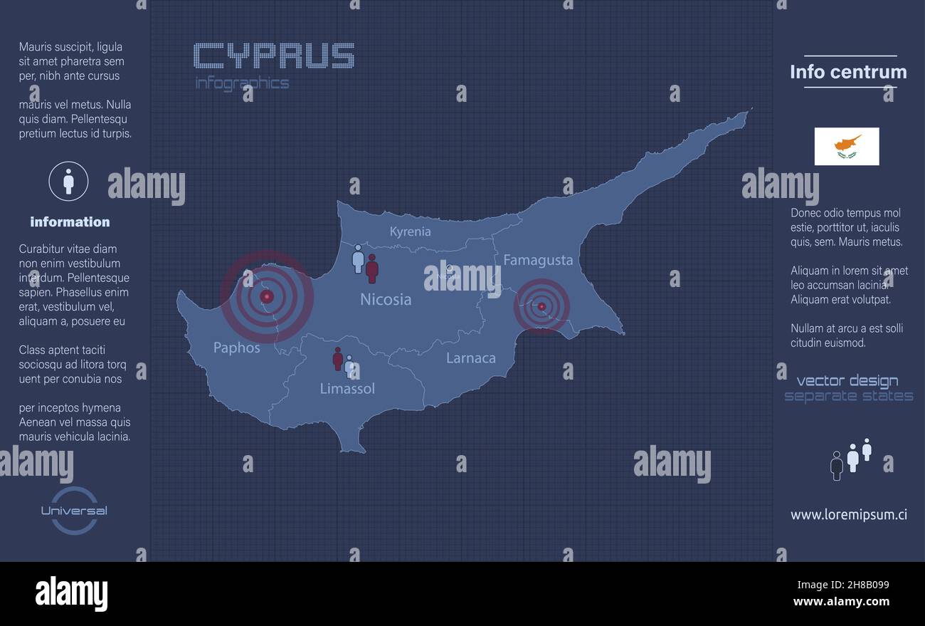 Cyprus map, separate regions with names, infographics blue flat design ...