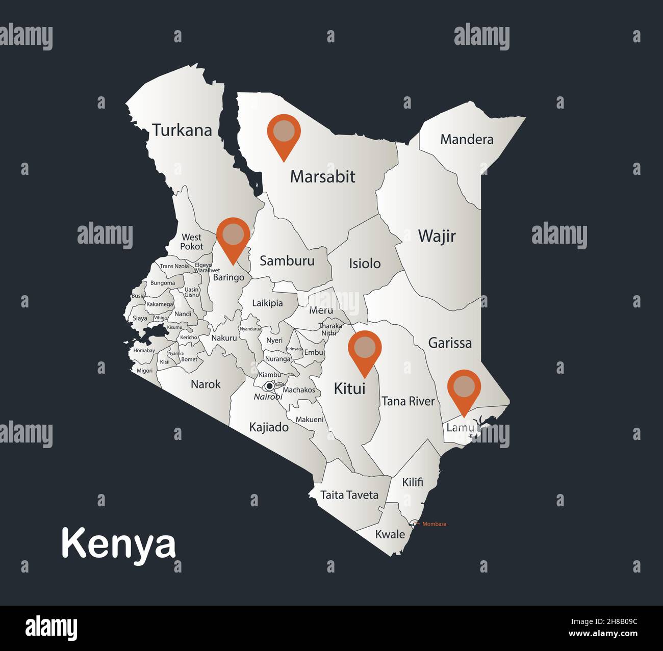 Kenya map, Infographics flat design colors snow white, with names of ...