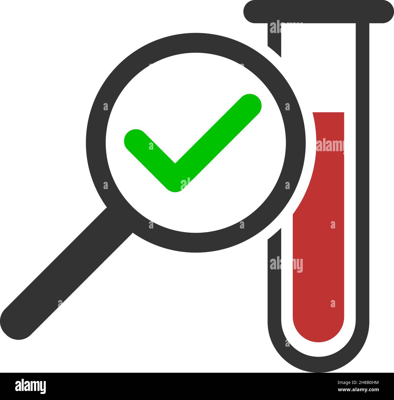 Blood test icon. Test tube with magnifying glass and right symbol ...