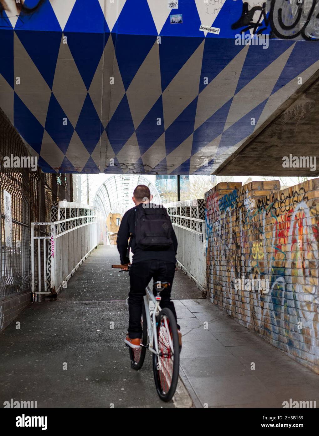 Man on bike cycling through colourfully-painted underpass in Holland ...