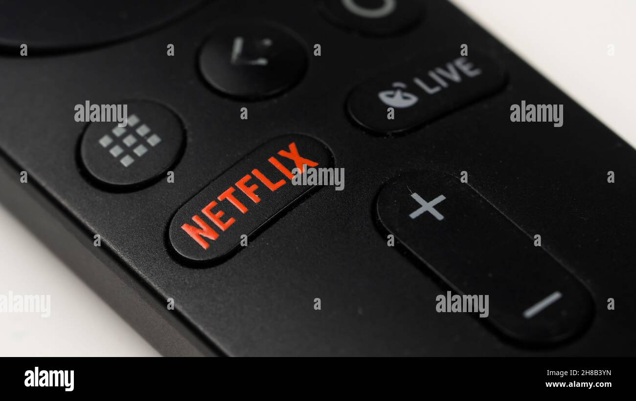 Russia, Novosibirsk 10.11.2021: Close-up of a black remote control with ...