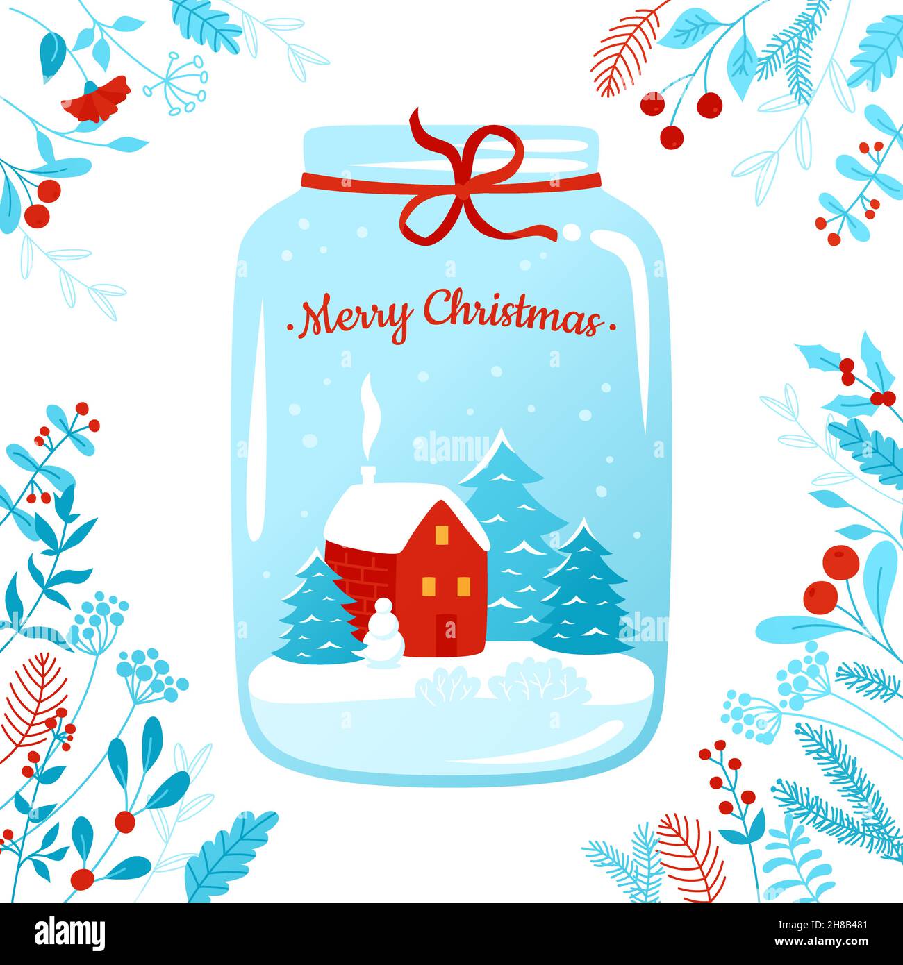 Christmas card, Glass jar with house, tree snowman inside. New year and ...