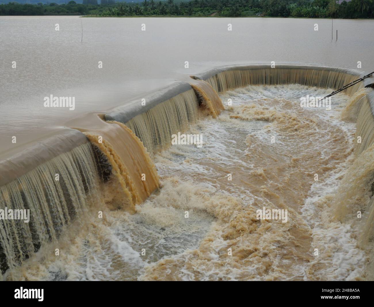 Brown water in the dam overflowing into the spillway , Flood in rainy ...