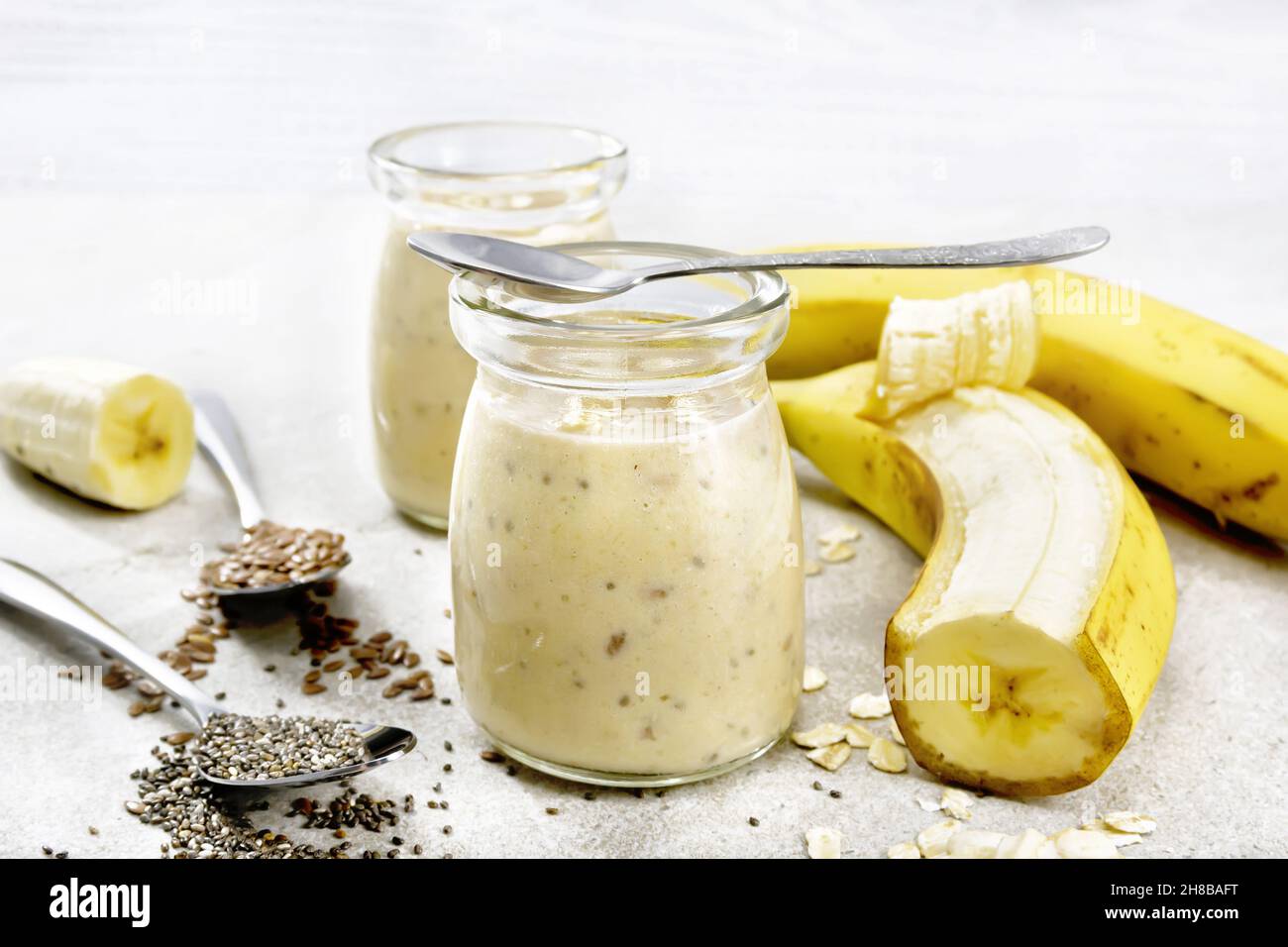 Milkshake with chia seeds, flax seeds, oatmeal, puffed rice and banana ...