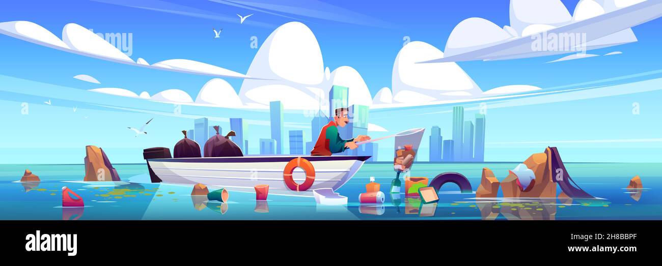 Ocean polluted water cleanup, man on wooden boat cleaning sea surface ...