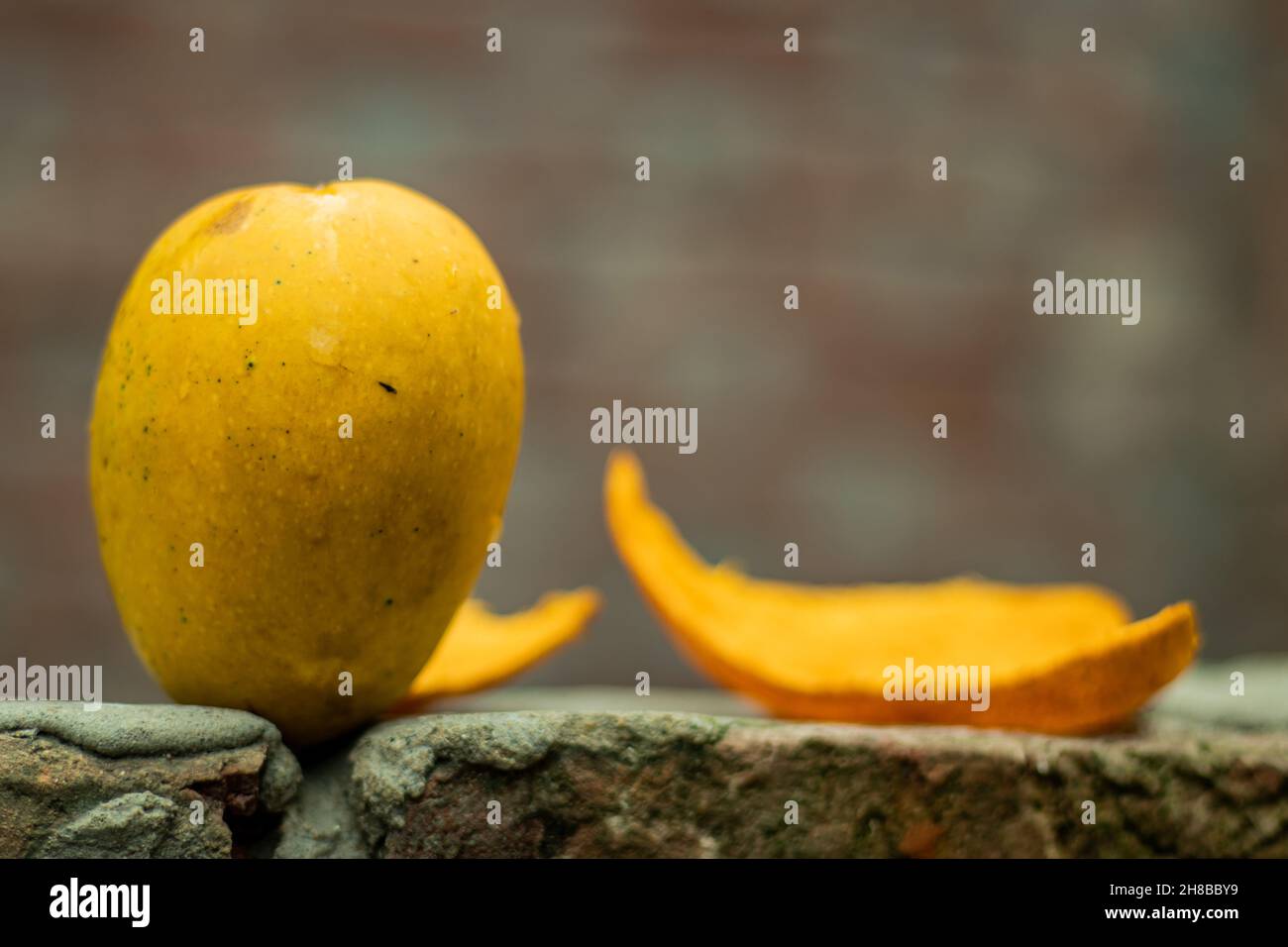 Mango piece on a brick wall, Ripe mangoes feel heavy for their size and ...