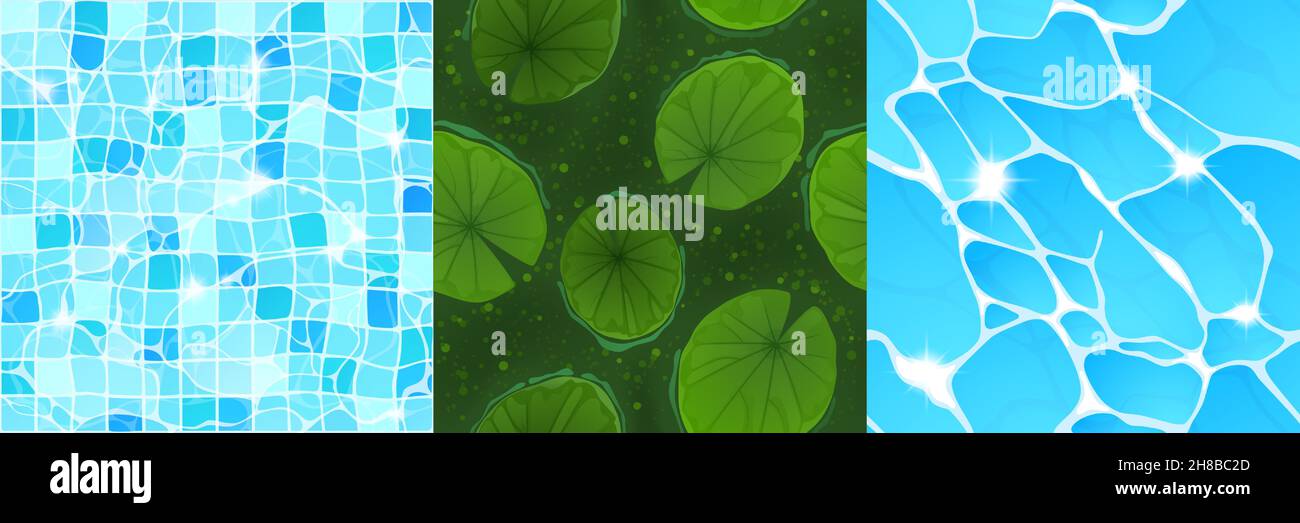 Textures of water in swimming pool, sea and pond with lily leaves ...