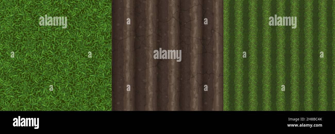 Game textures of green lawn, plowed farm field and grass meadow ...