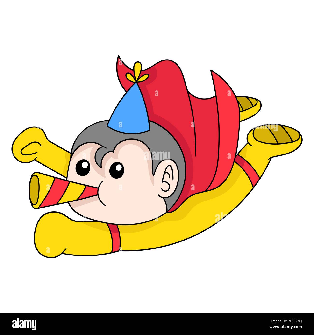 super hero boy flying with trumpet for new year celebration, vector ...