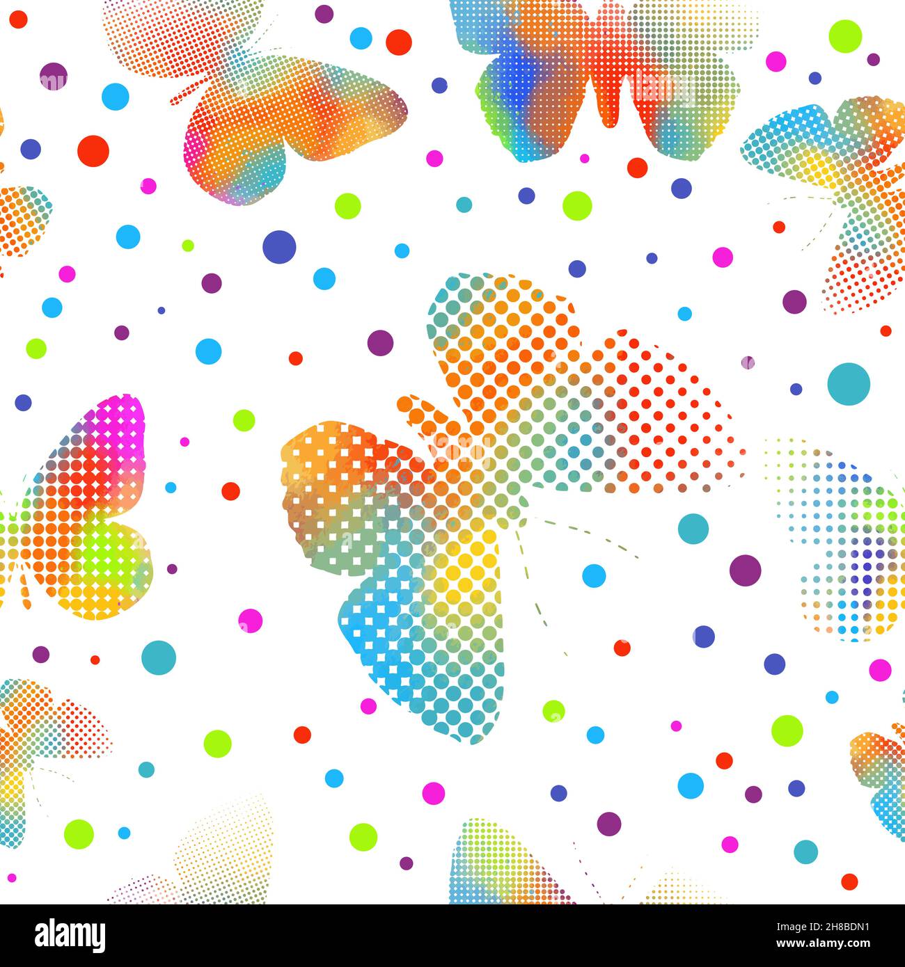 Colorful butterflies from dots. Light background. Seamless vector ...