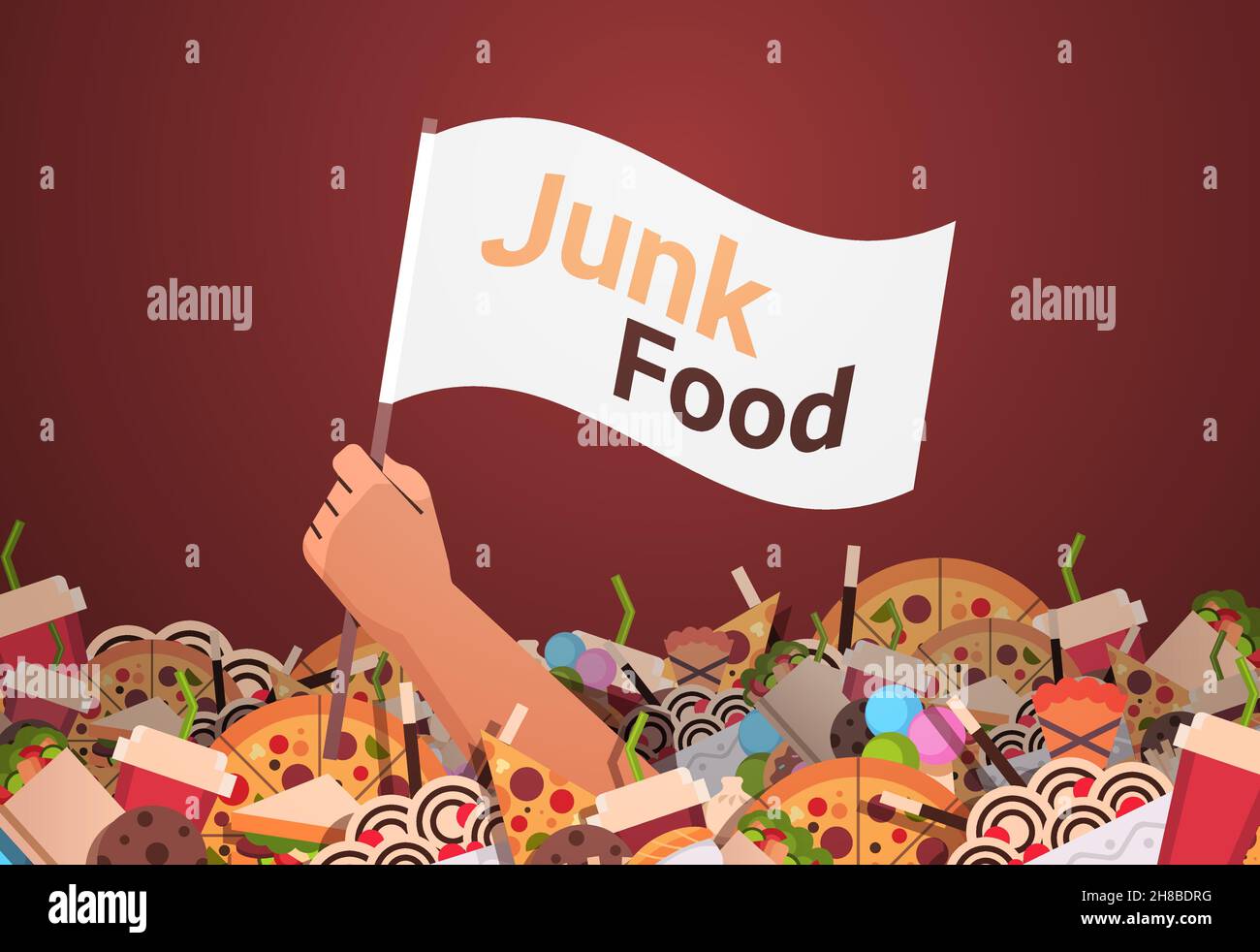 human hand holding junk food flag junkfood addiction assortment of fast ...