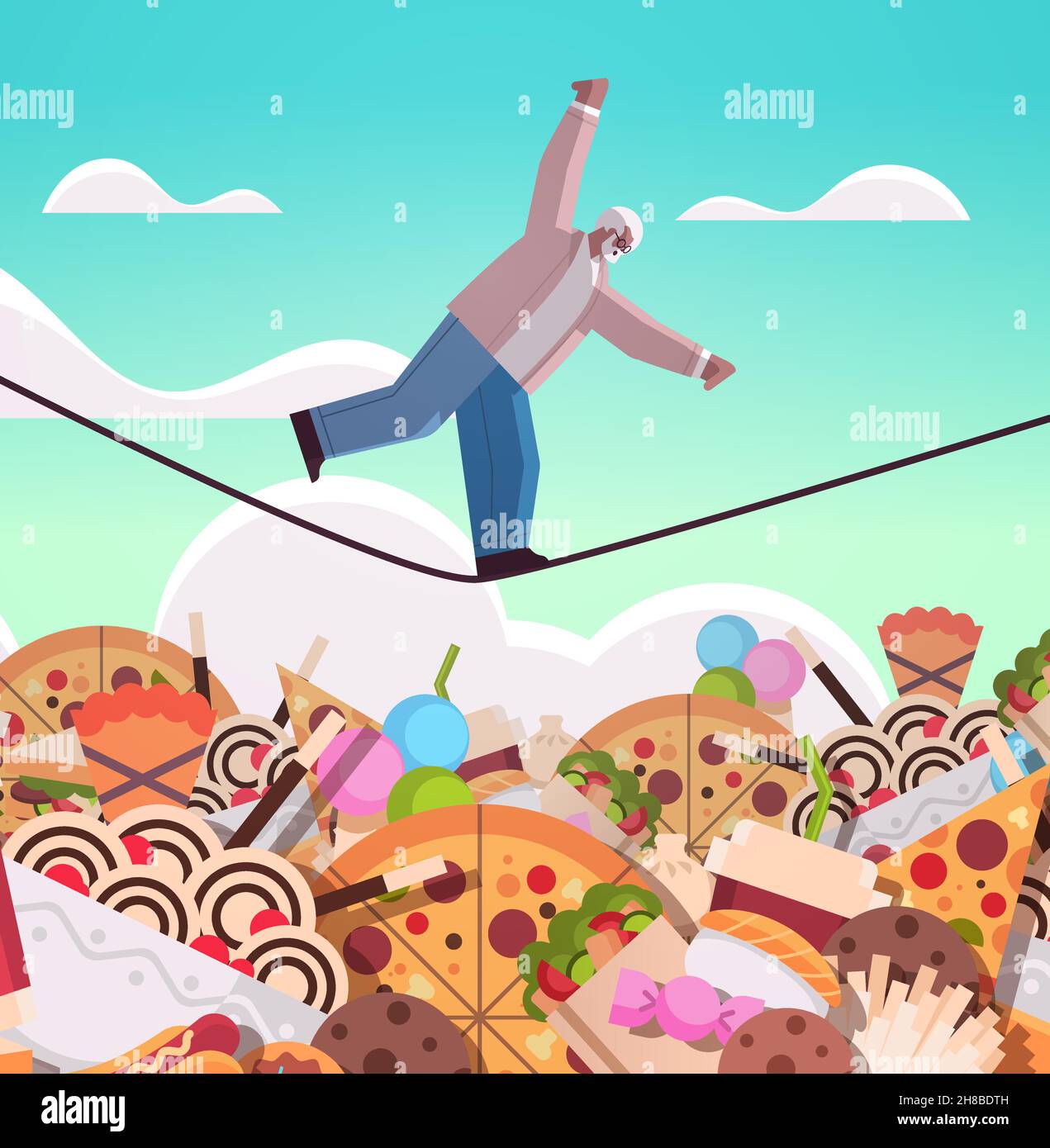 senior man balancing on rope above junk food assortment of fast food ...