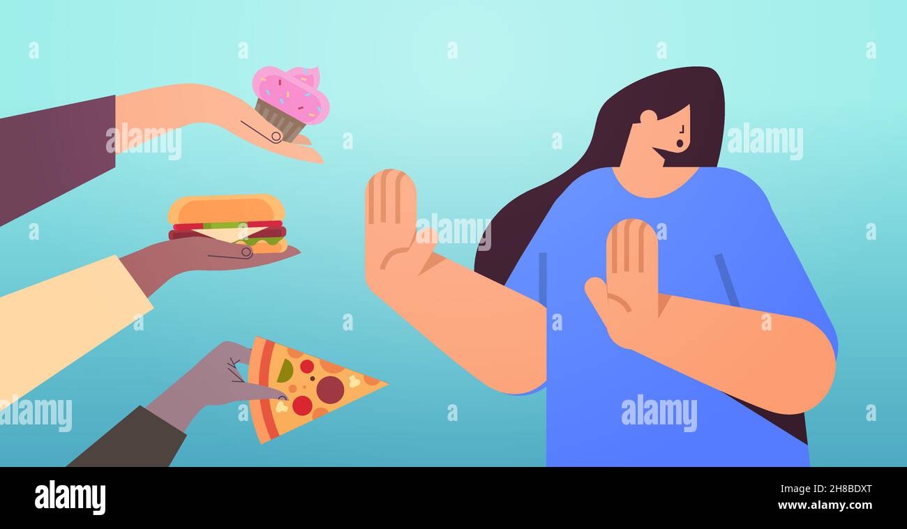 woman showing no stop gesture to junk food unhealthy nutrition junkfood ...