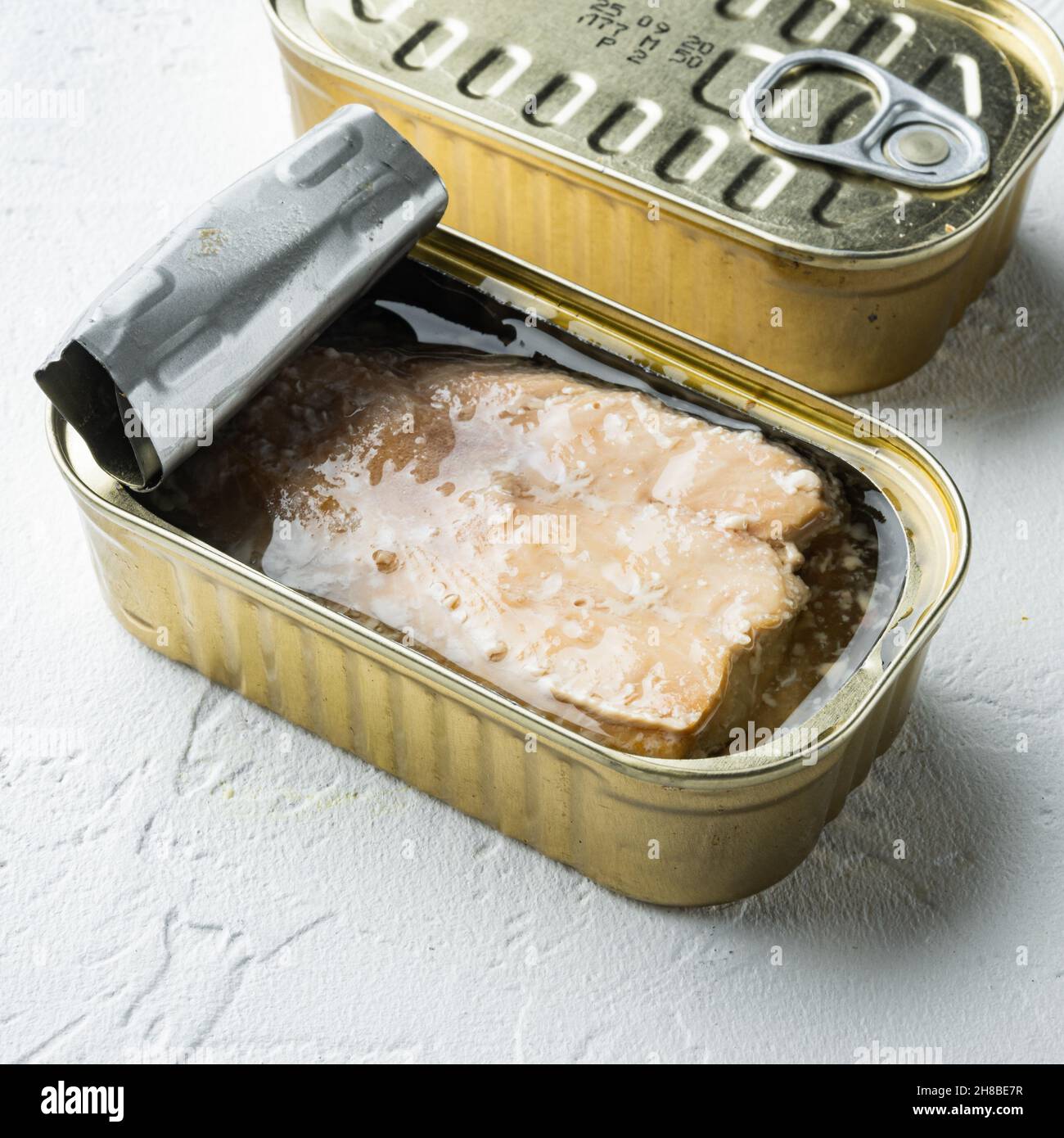 Canned wild Trout set, in tin can, on white background, square format ...