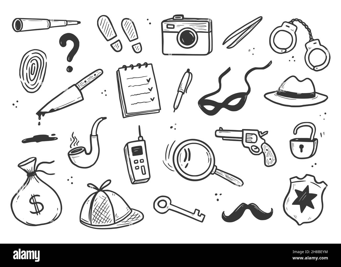 Detective doodle set. Hand drawn sketch doodle style. Footprint ...