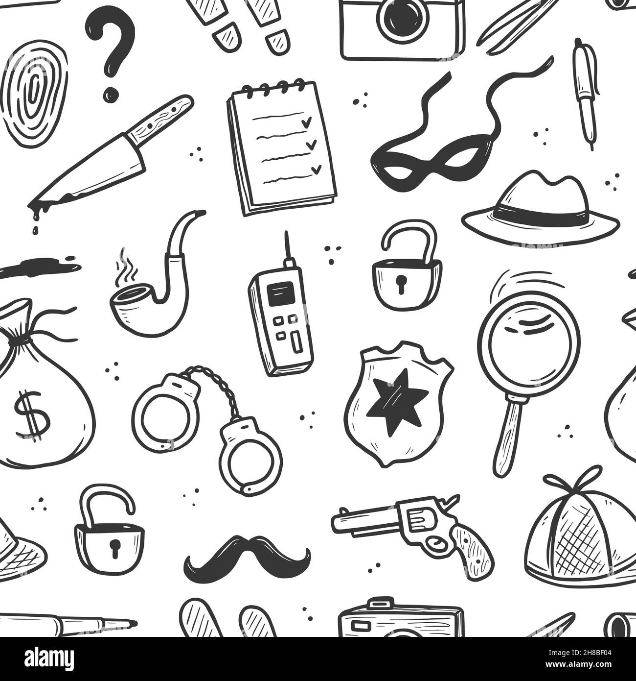 Detective seamless pattern. Hand drawn sketch doodle style crime ...