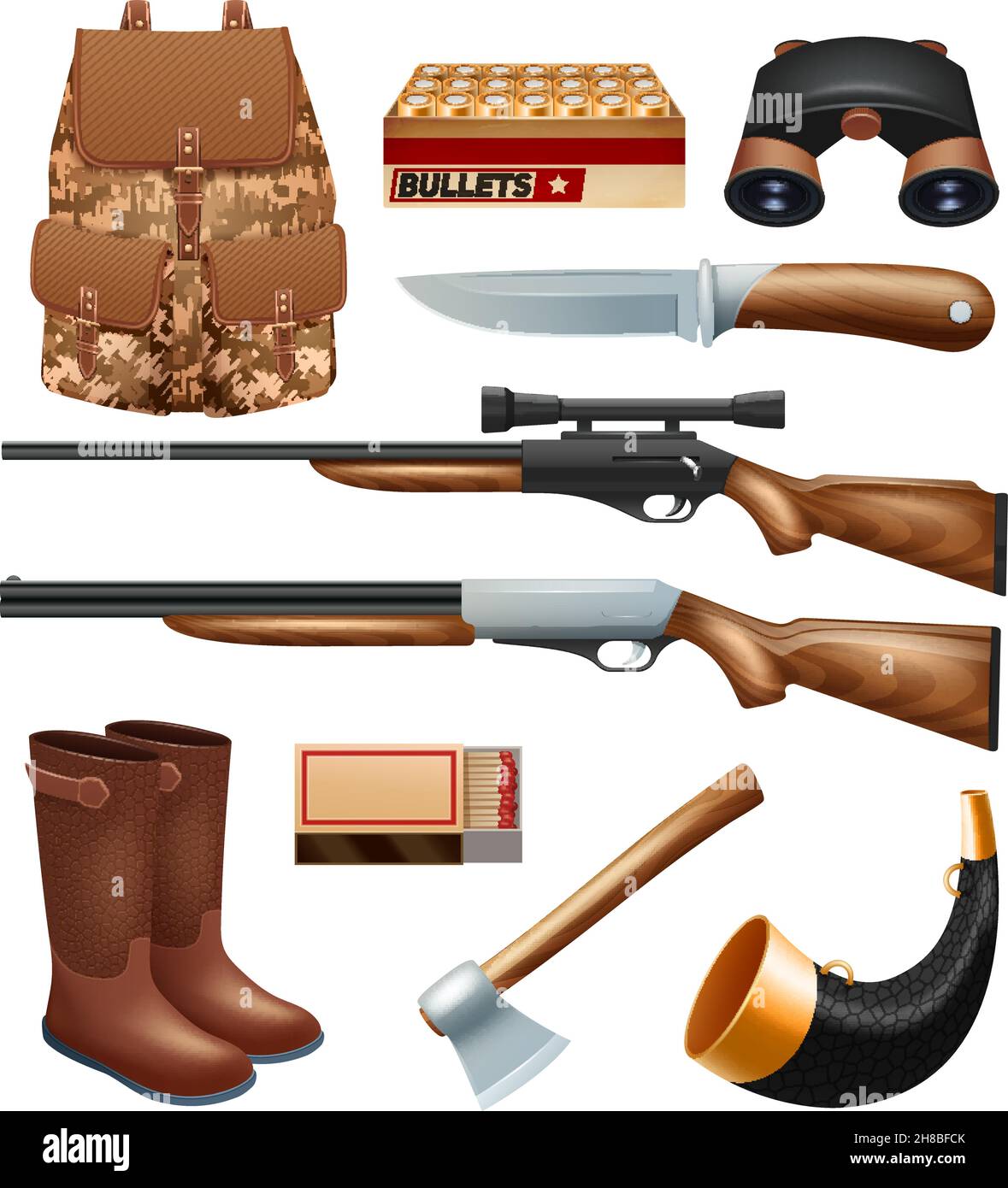 Hunting tackle and equipment icons set with rifles knives and survival ...