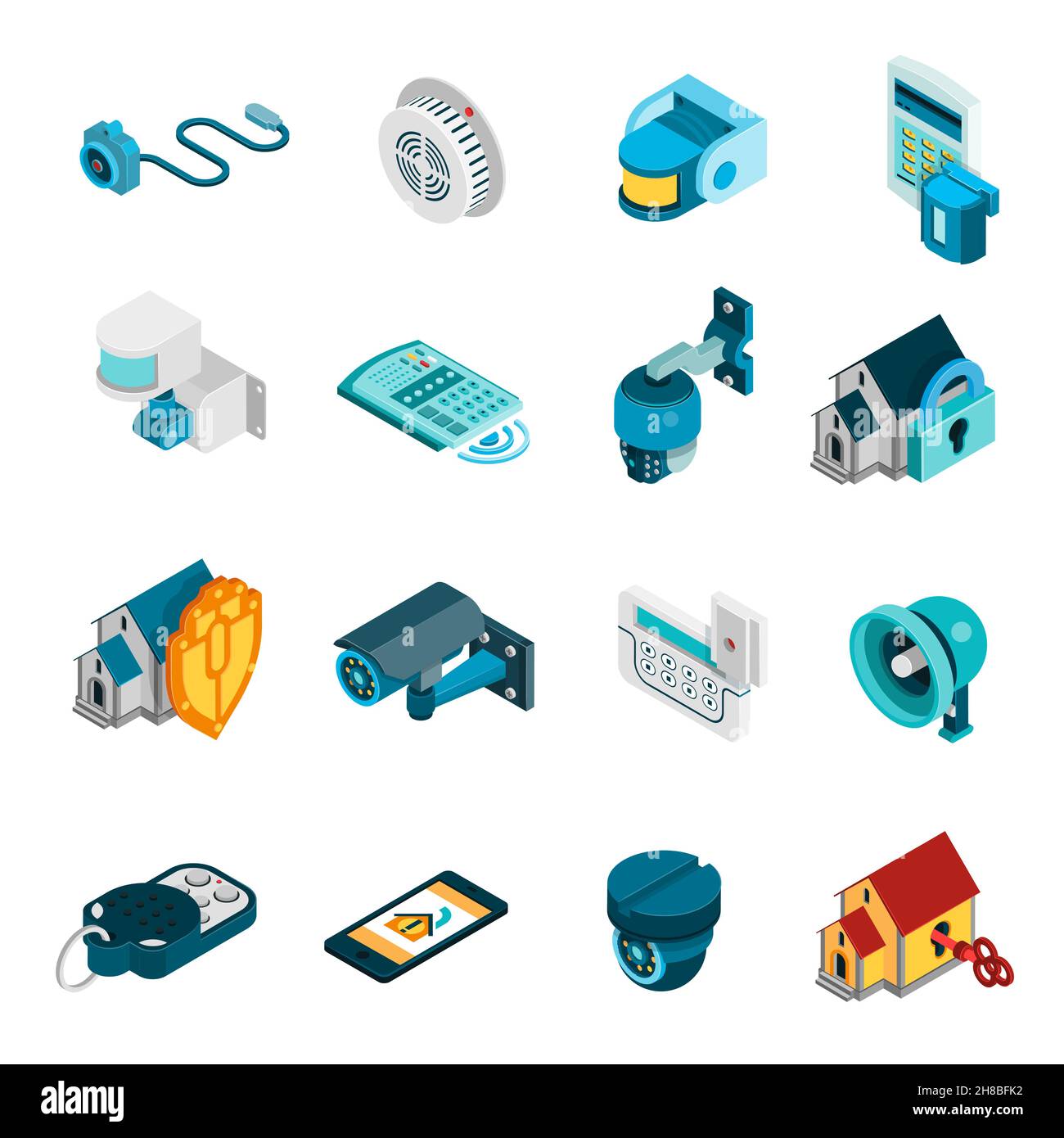 Security system isometric icons set with alarm and camera symbols ...