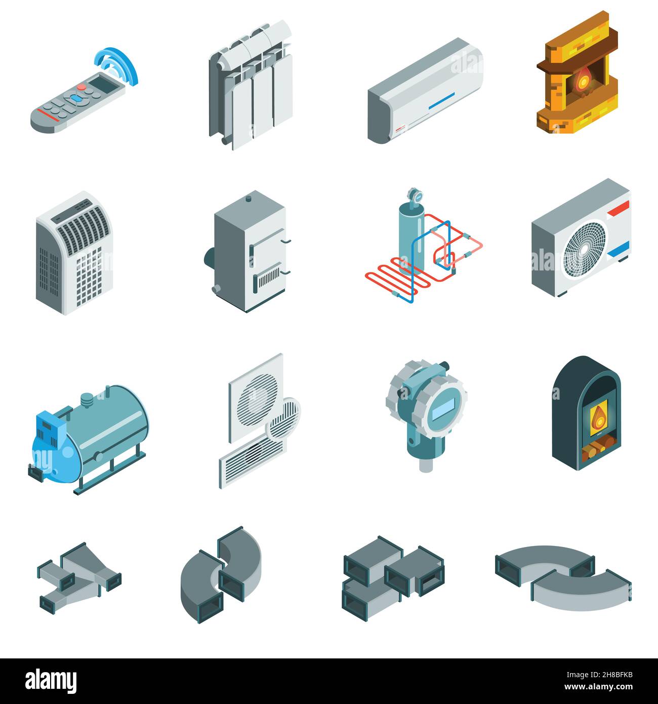 Heating cooling system isometric icons set of different elements in ...