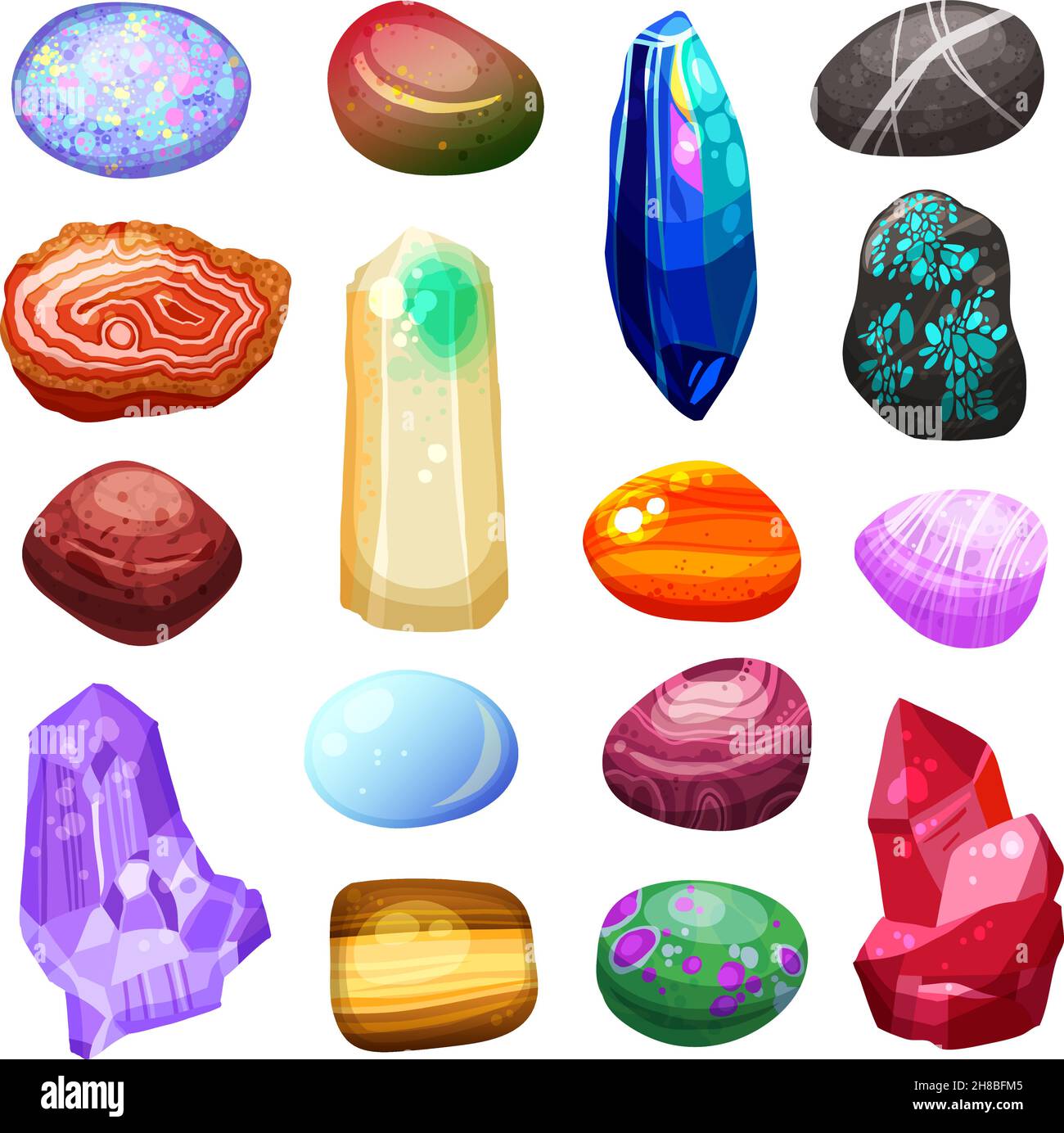 Bright multicolored crystal stones and rocks of different size and ...