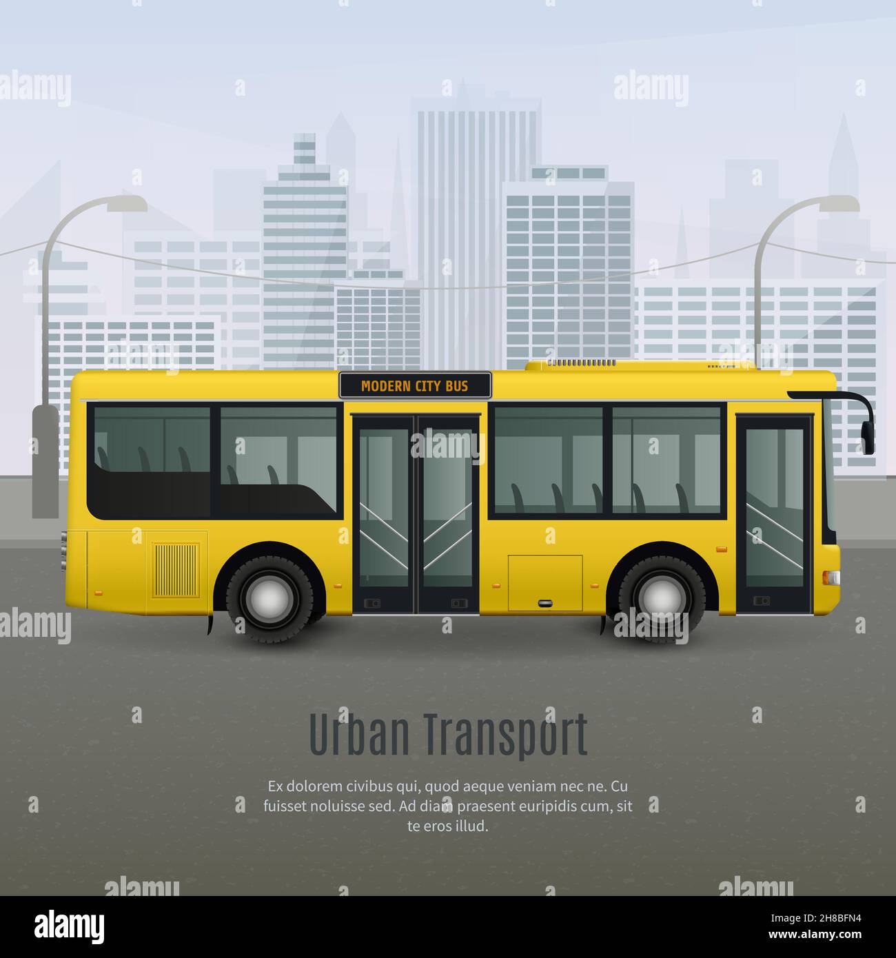 Realistic modern yellow city bus with light glass tinting on grey ...