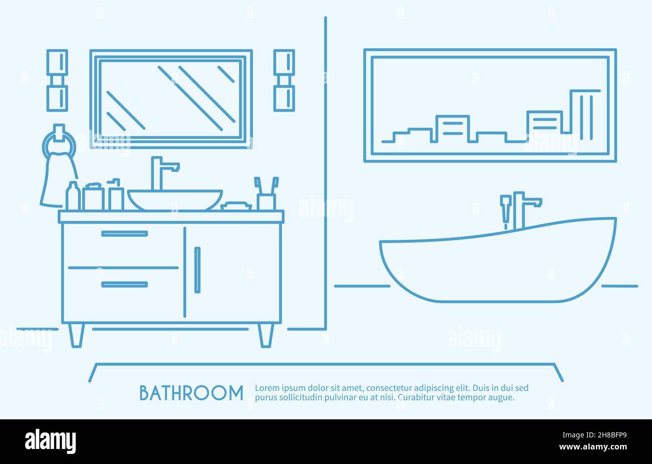Bathroom furniture outline poster with luxury bath bowl and shelves ...