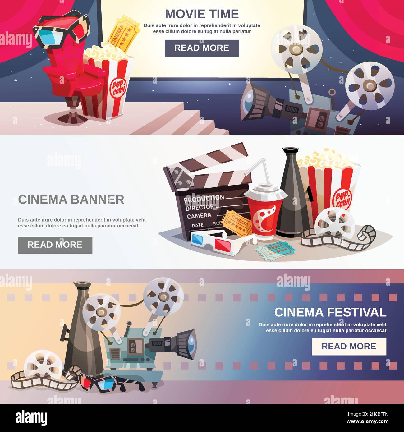 Cinematography flat horizontal banners with movie time and cinema ...