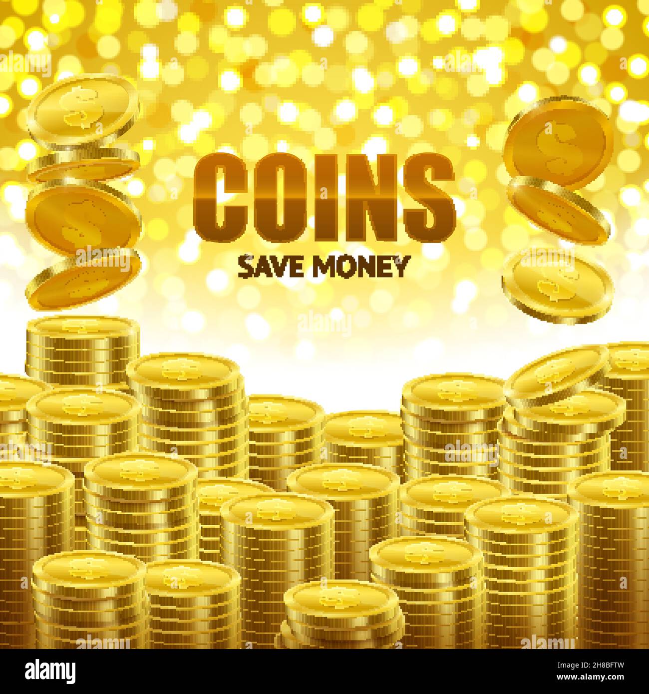 Save money financial background poster with stacks of golden coins and ...
