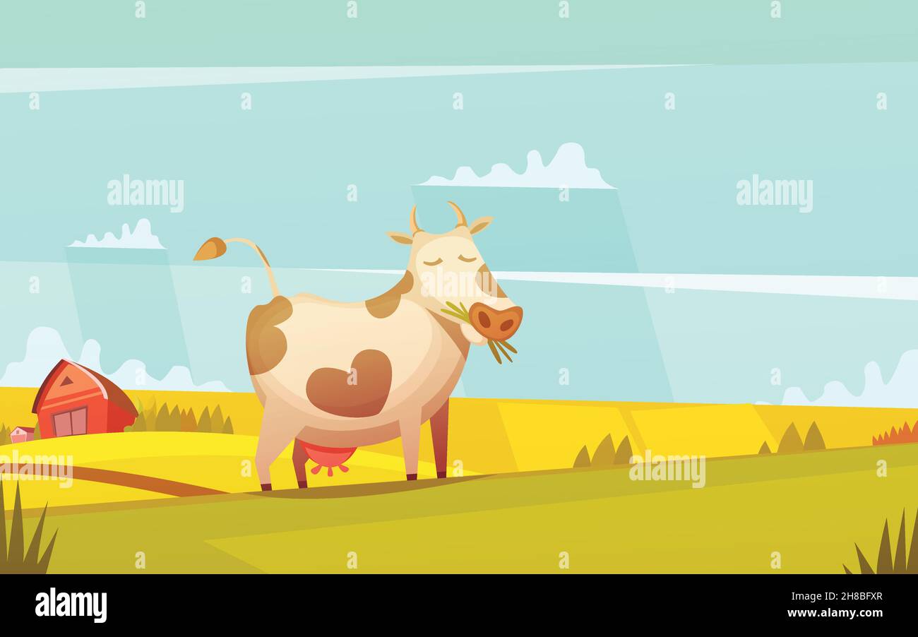 Cow and calf ranch farmland funny cartoon poster with farm house on ...