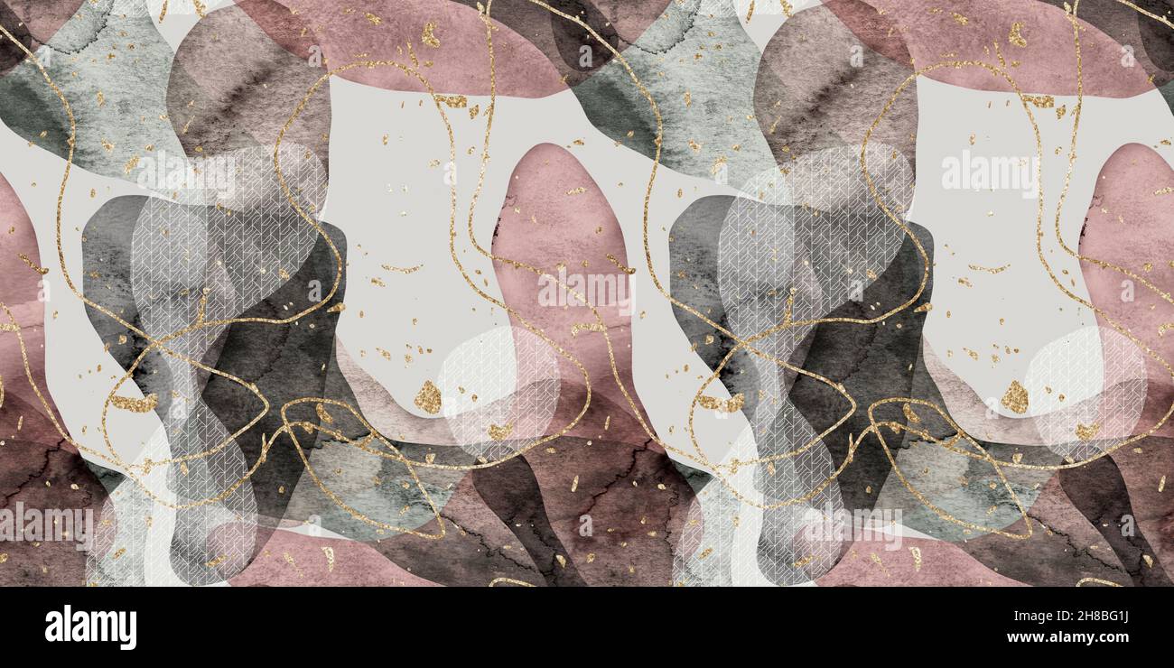 Seamless watercolor abstract organic blob shape overlay with gold lines ...