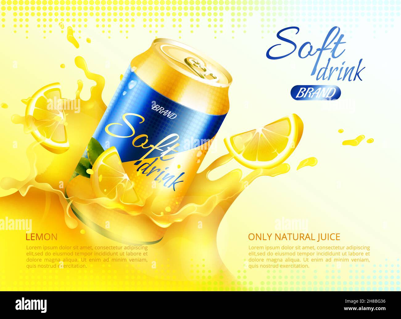 Colored soft drink metal can poster with only natural juice lemon ...