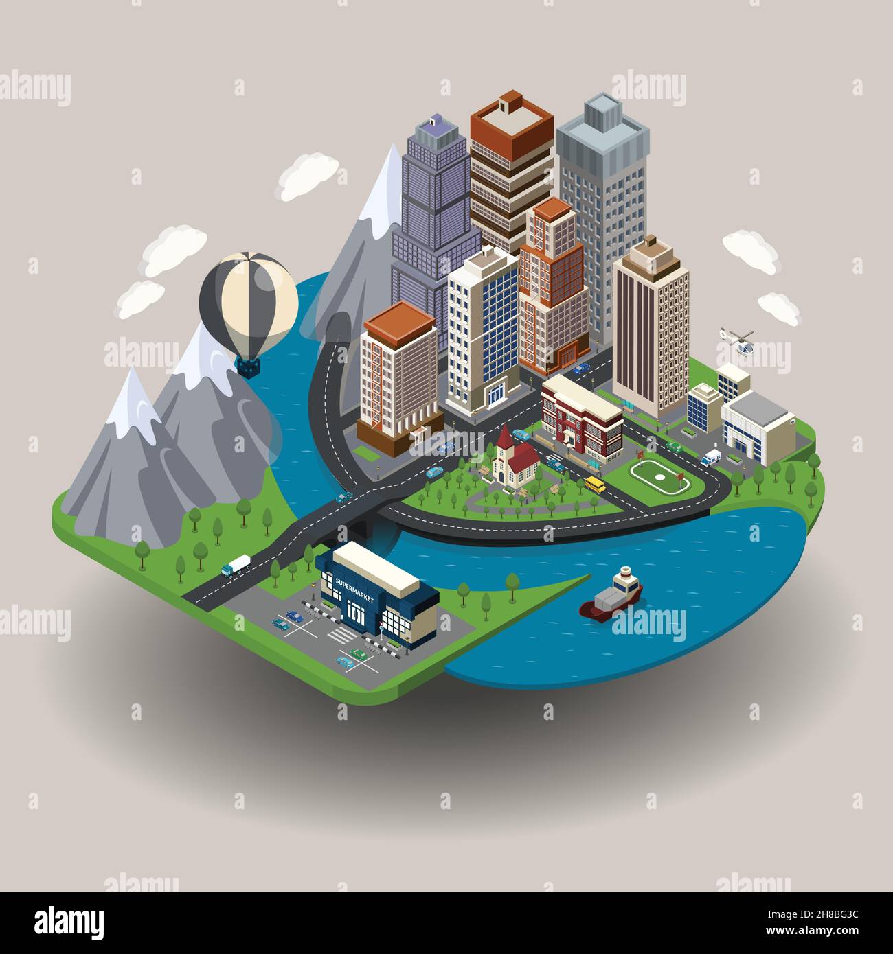 Isometric city icon with buildings street skyscrapers and other ...