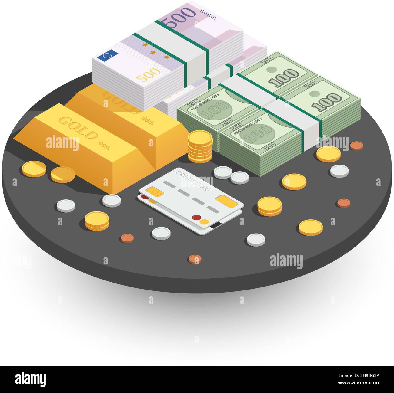 Payment methods round isometric composition with gold bars cash coins ...
