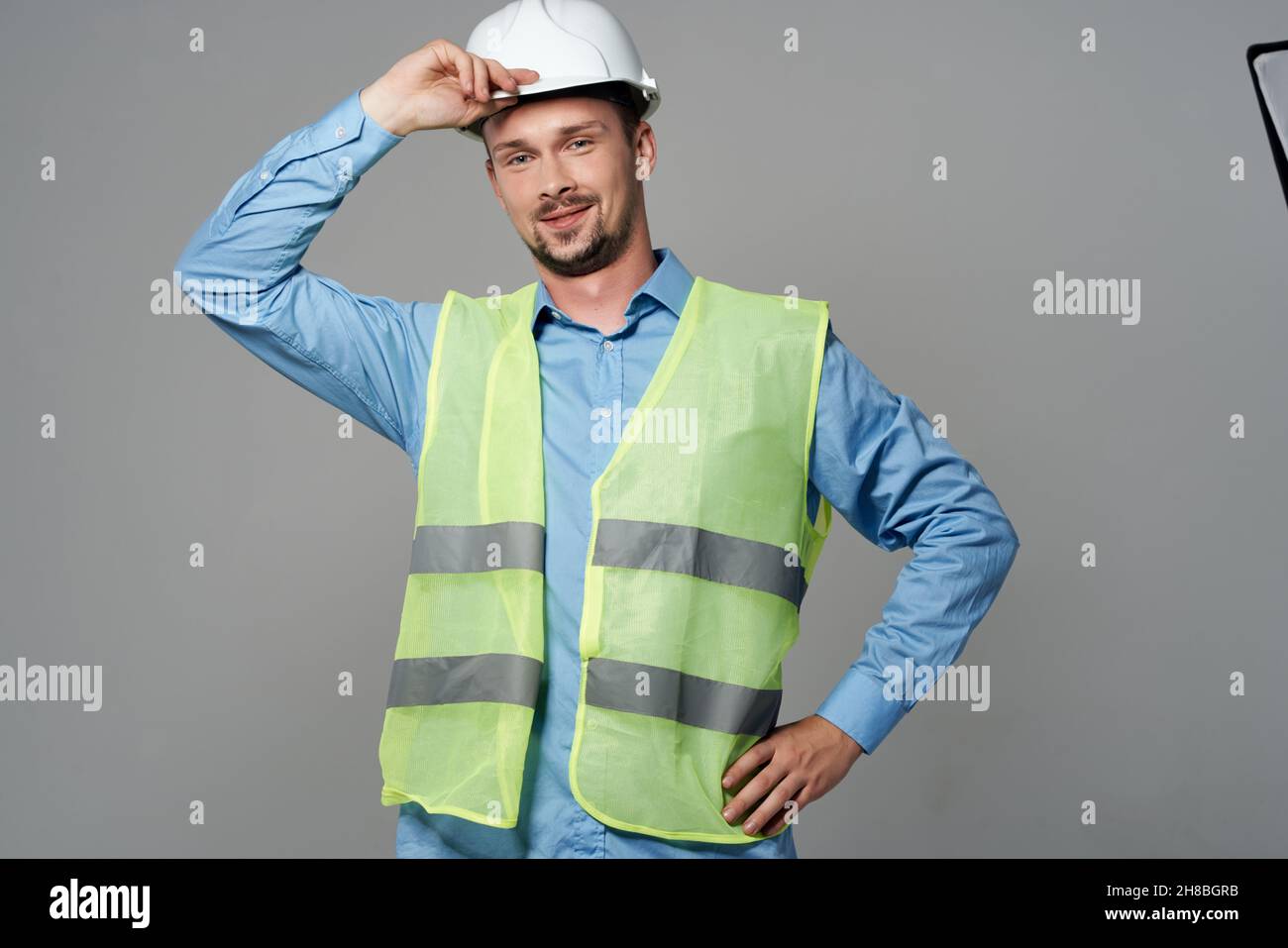 Man in working form construction work isolated background Stock Photo ...
