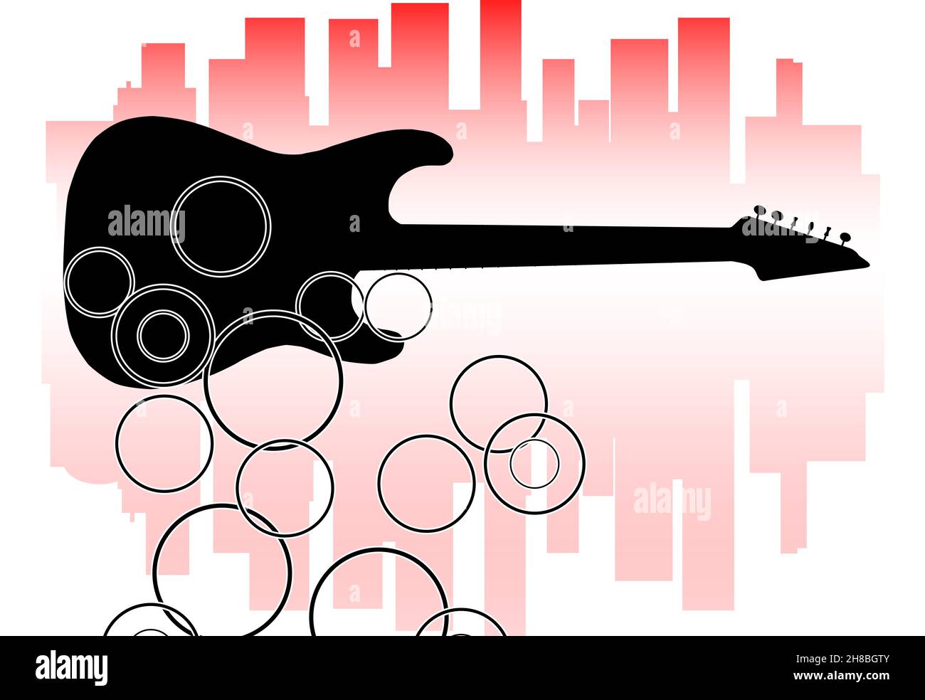 A blue faded cityscape with a solid black electric guitar and elipses ...