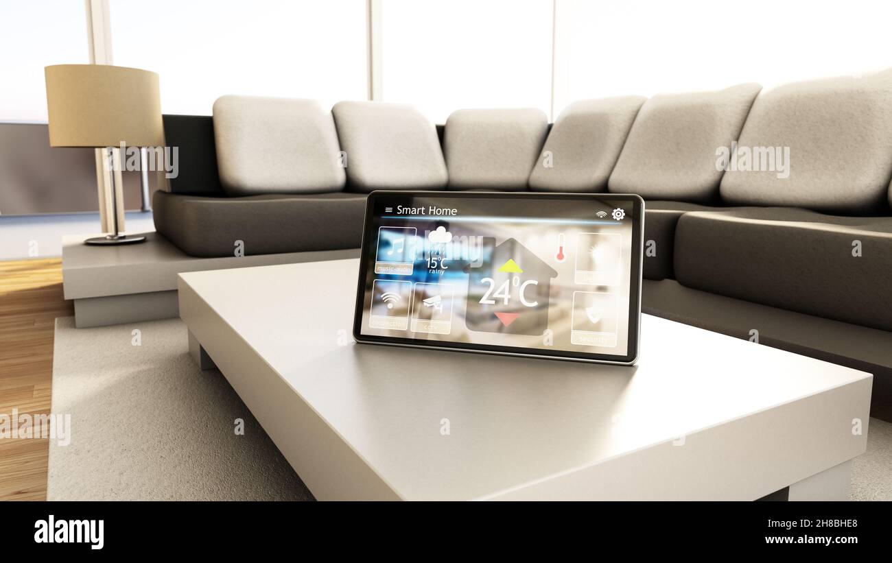 Smart home concept. Tablet with smart home controls on the wall of the ...