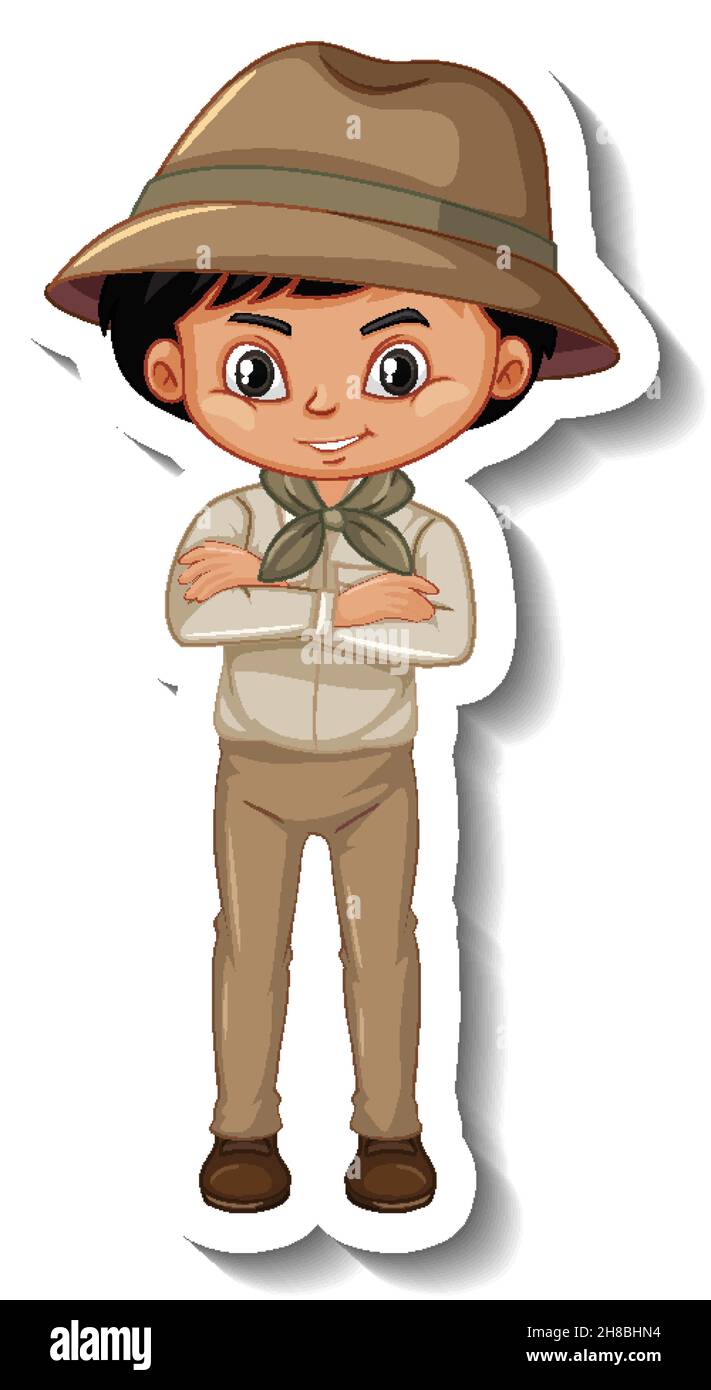 Boy in safari outfit cartoon character sticker illustration Stock ...