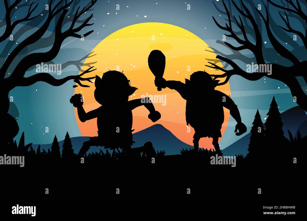 Halloween night background with trolls silhouette illustration Stock ...