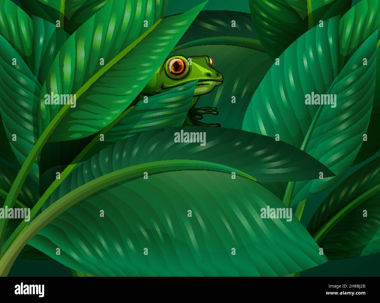 Frog hidden in the tropical leaves background illustration Stock Vector ...