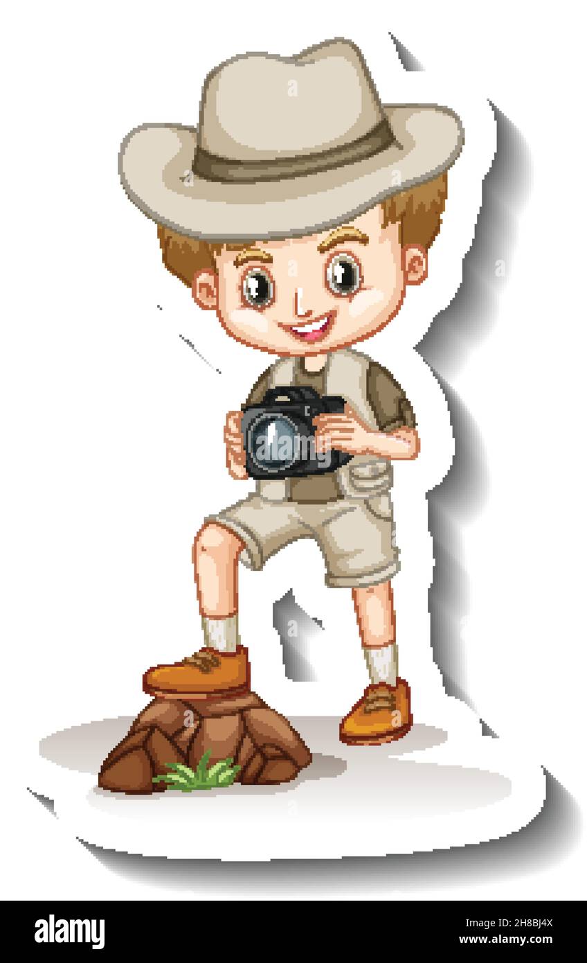 A sticker template with a boy in safari outfit holding camera cartoon ...