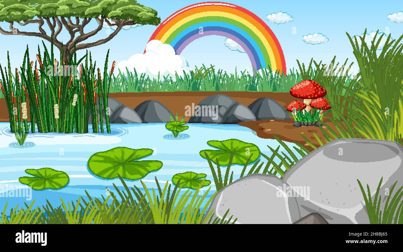 Nature scene background with rainbow in the sky illustration Stock ...