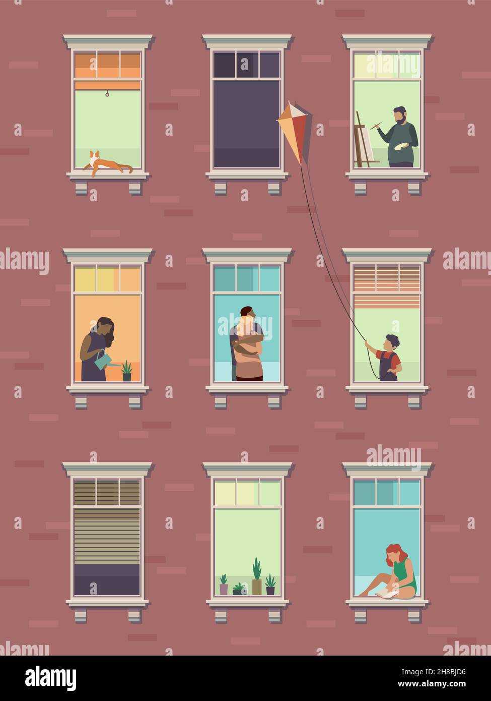 Windows with people. Opened window neighbors people communicate ...